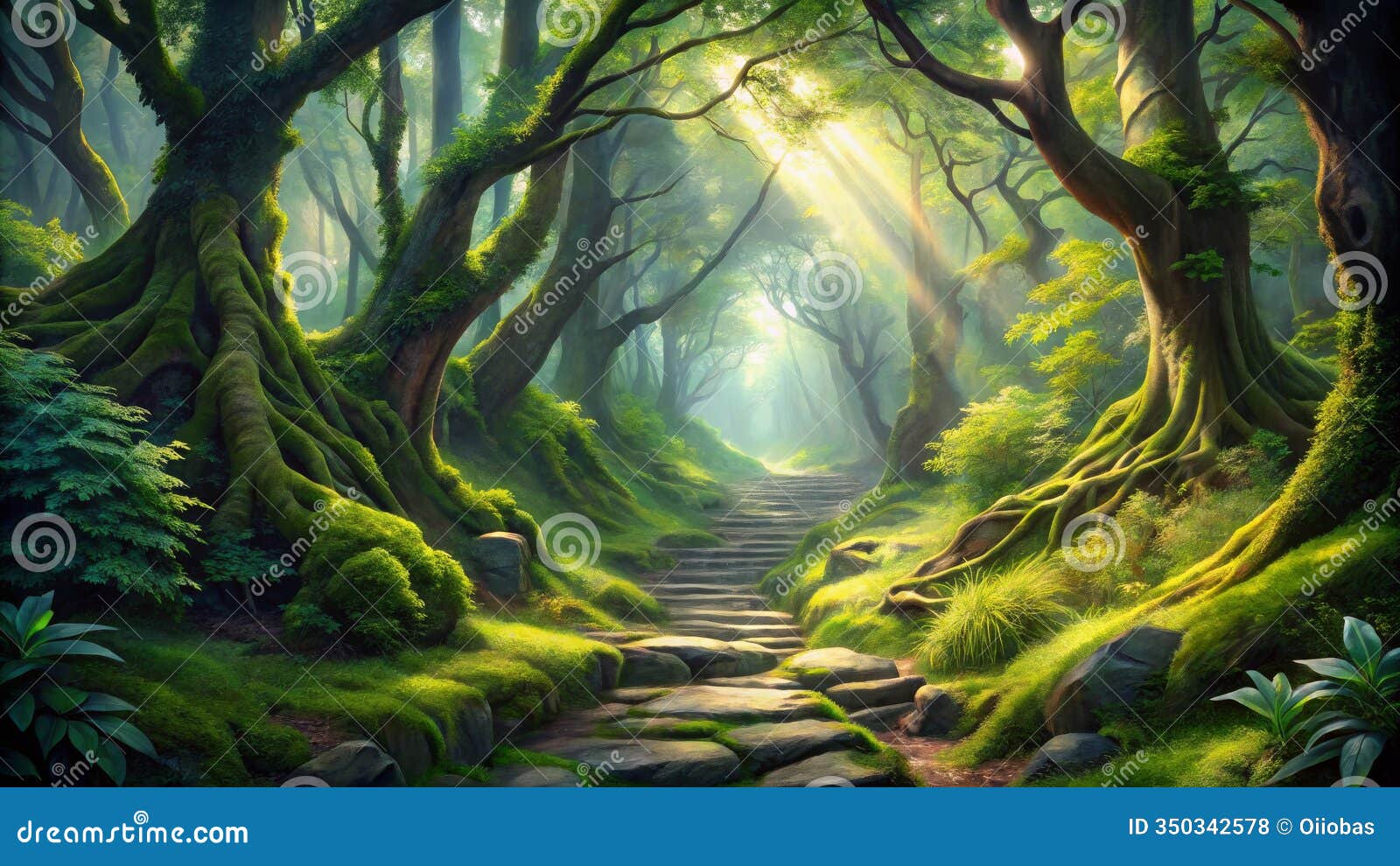 Enchanted Forest Path Digital Art, Sunlit Stone Steps, Lush Greenery ...