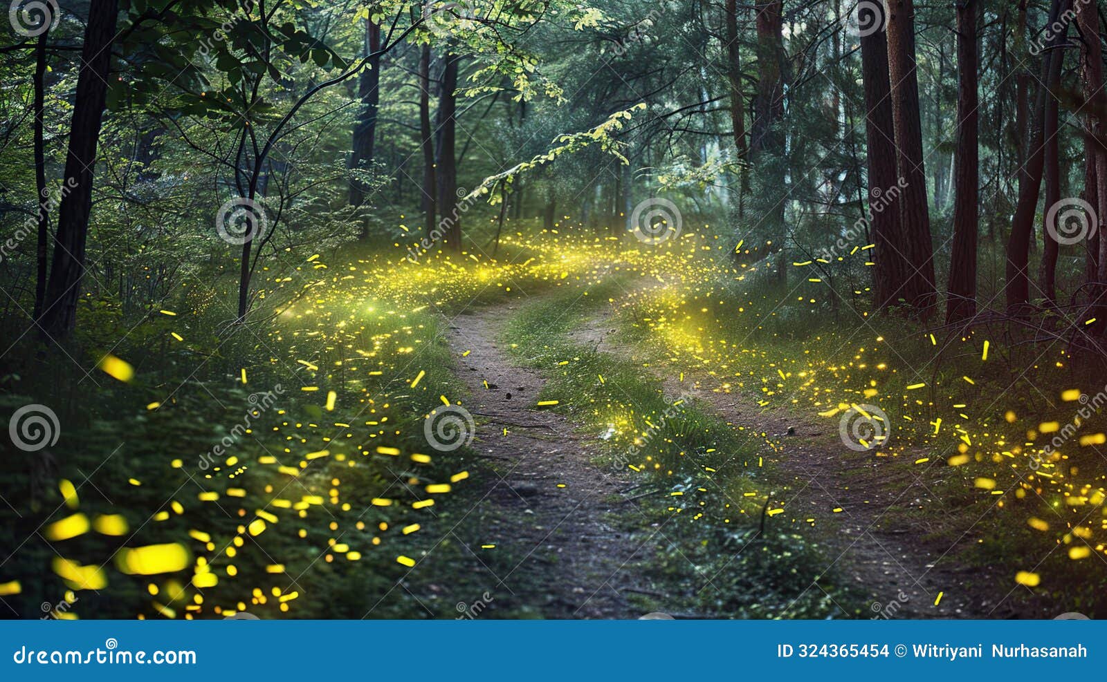 Enchanted Forest Path with Fireflies Stock Illustration - Illustration ...
