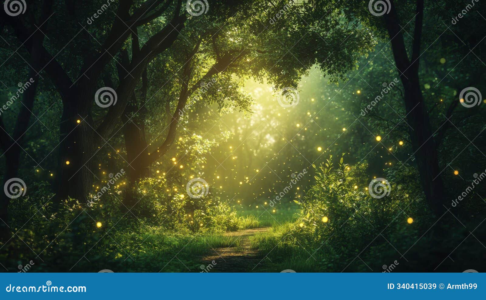 Enchanted Forest Path with Firefly Lights Stock Illustration ...