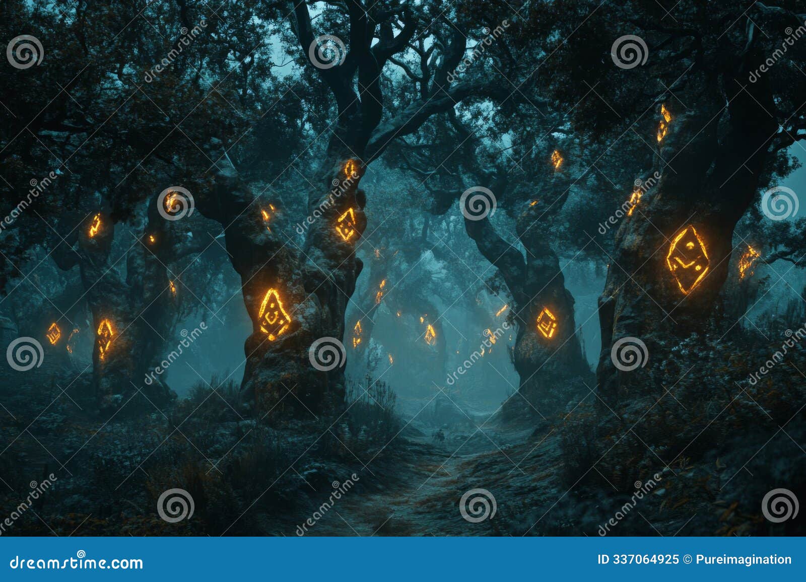 Enchanted Forest Path with Glowing Runes on Trees Stock Illustration ...