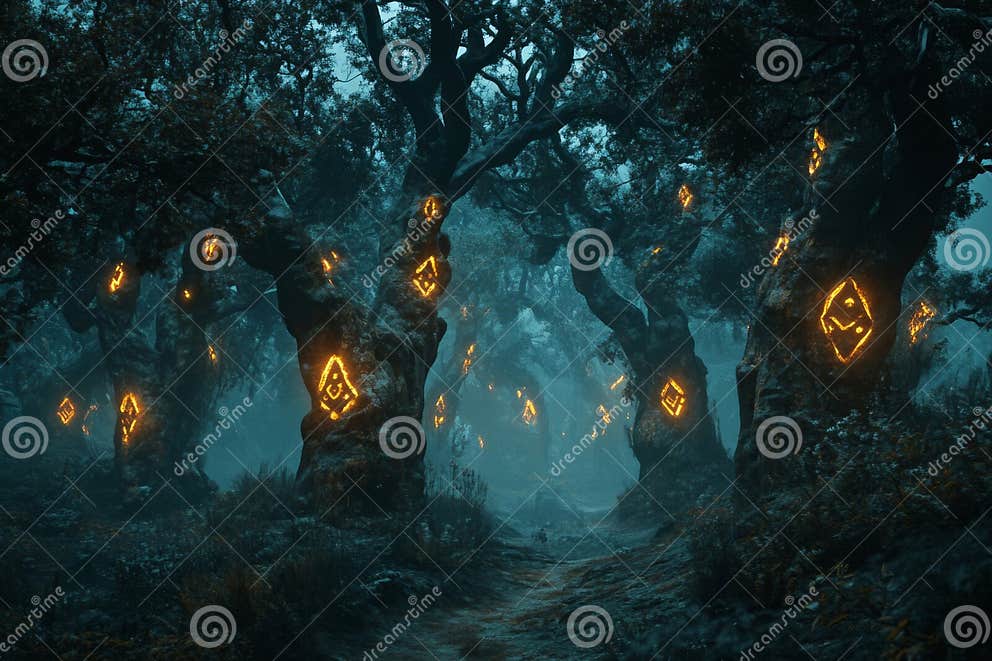 Enchanted Forest Path with Glowing Runes on Trees Stock Illustration ...