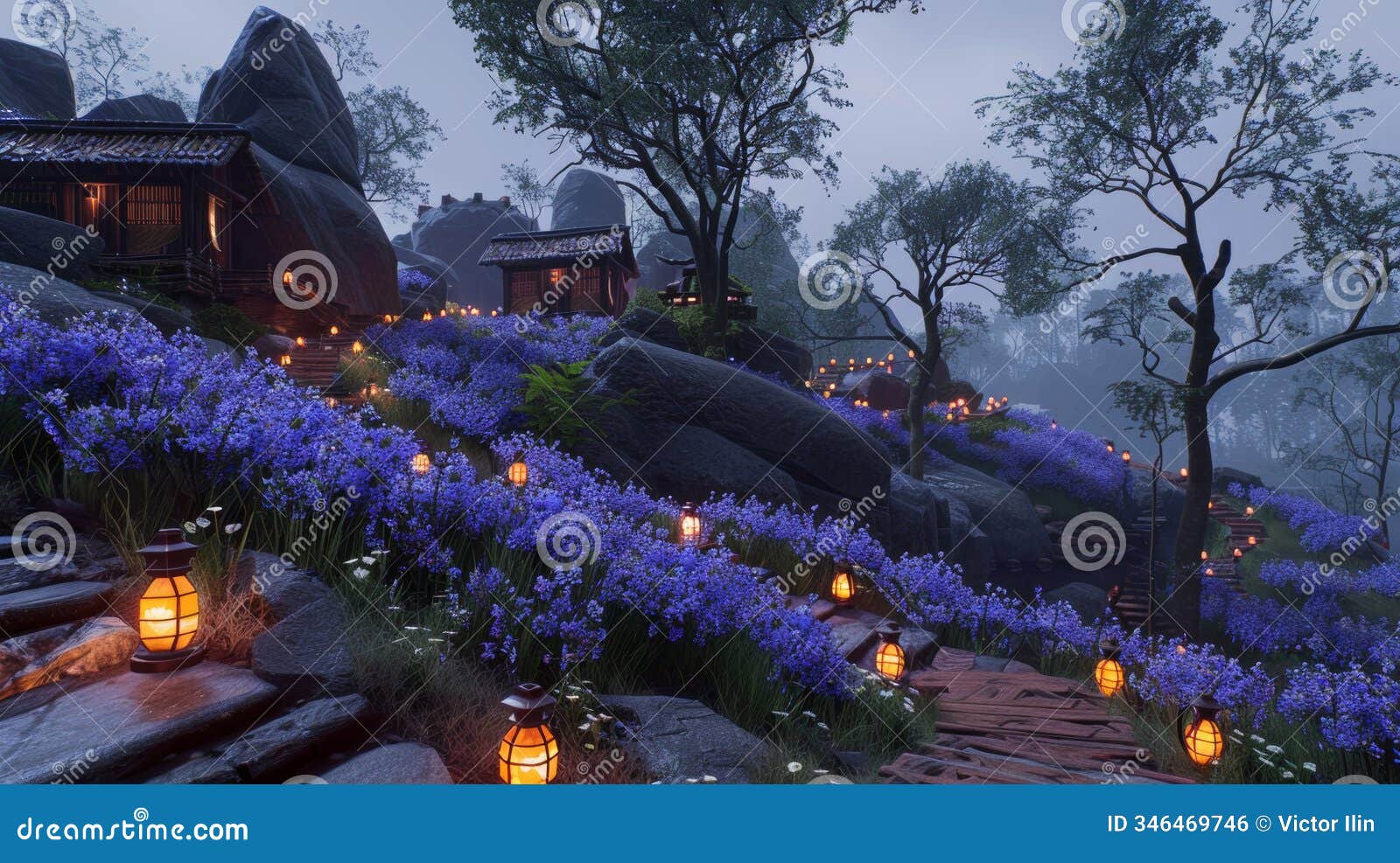 Enchanted Forest Path Illuminated by Lanterns Surrounded by Fairies ...