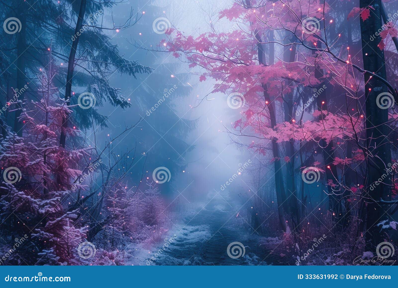 Enchanted Forest Path with Mist, Pink Leaves, and Magical Lighting ...