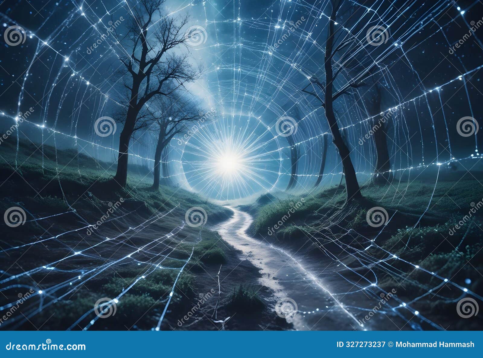 Enchanted Forest Path at Night with a Large Spider Web in the ...