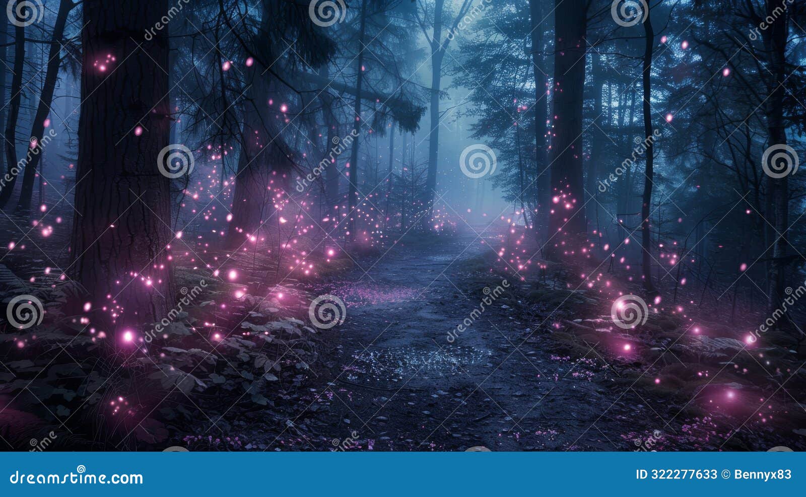 Enchanted Forest Path with Pink Fireflies Stock Illustration ...