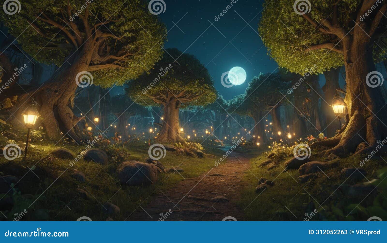 Enchanted Forest Path Under Moonlight Stock Image - Image of mythical ...