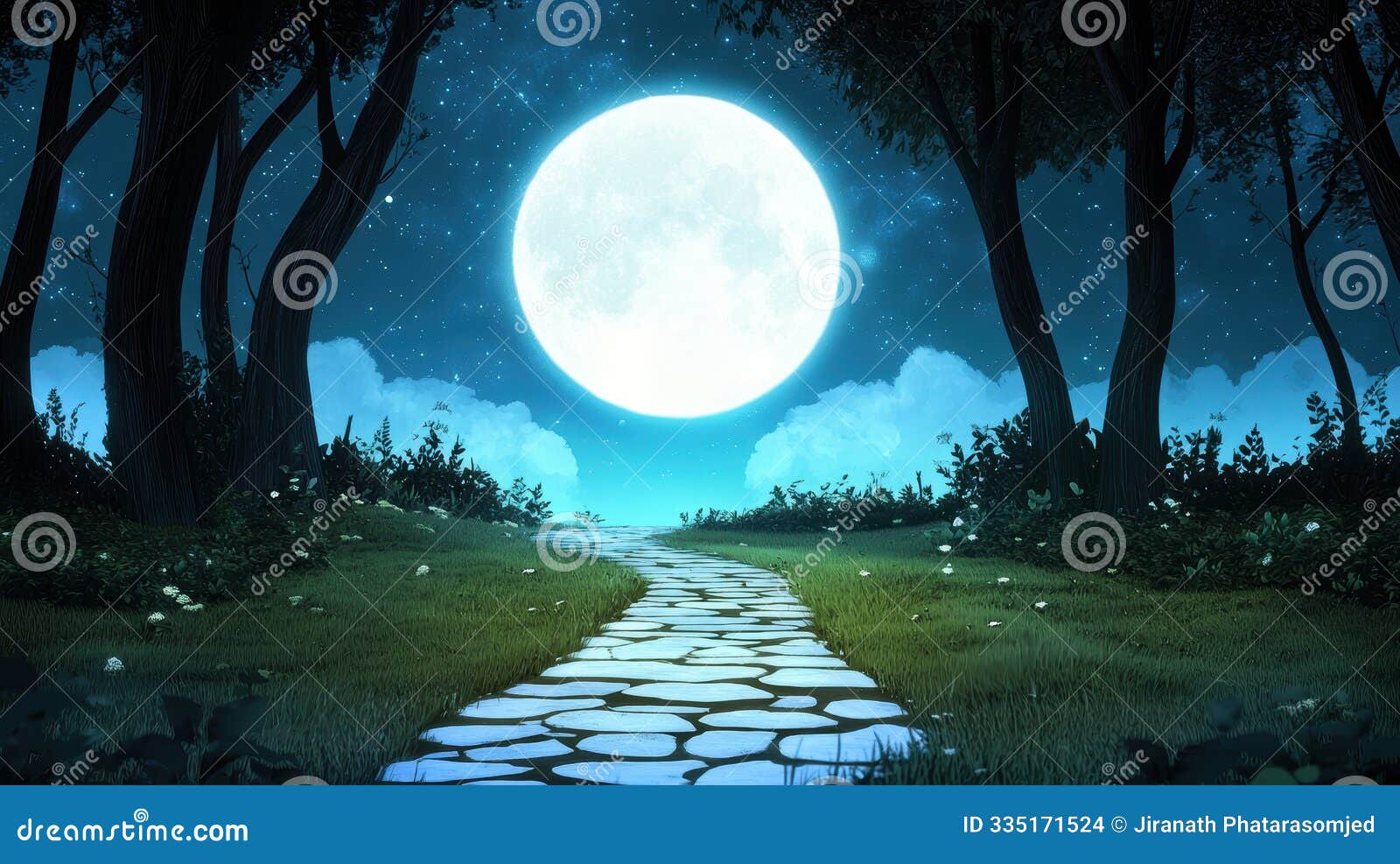 Enchanted Forest Path Under Moonlight Stock Illustration - Illustration ...