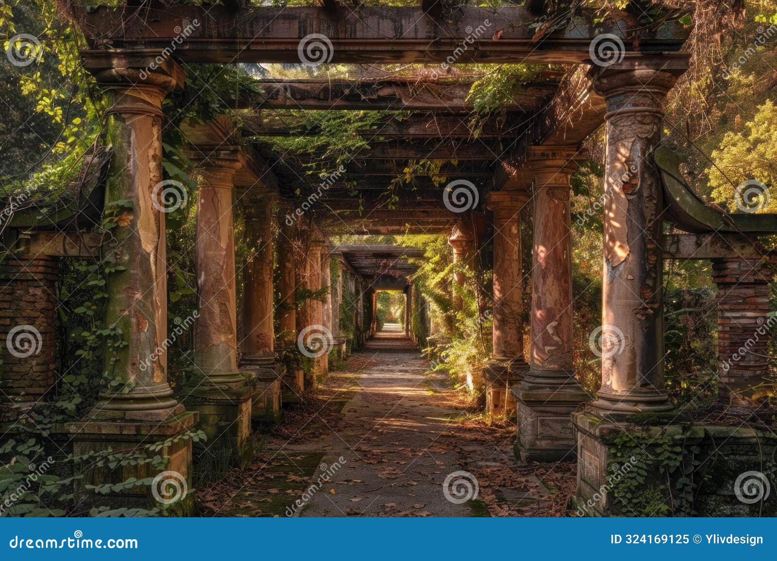 Enchanted Forest Pathway with Ancient Columns Stock Image - Image of ...