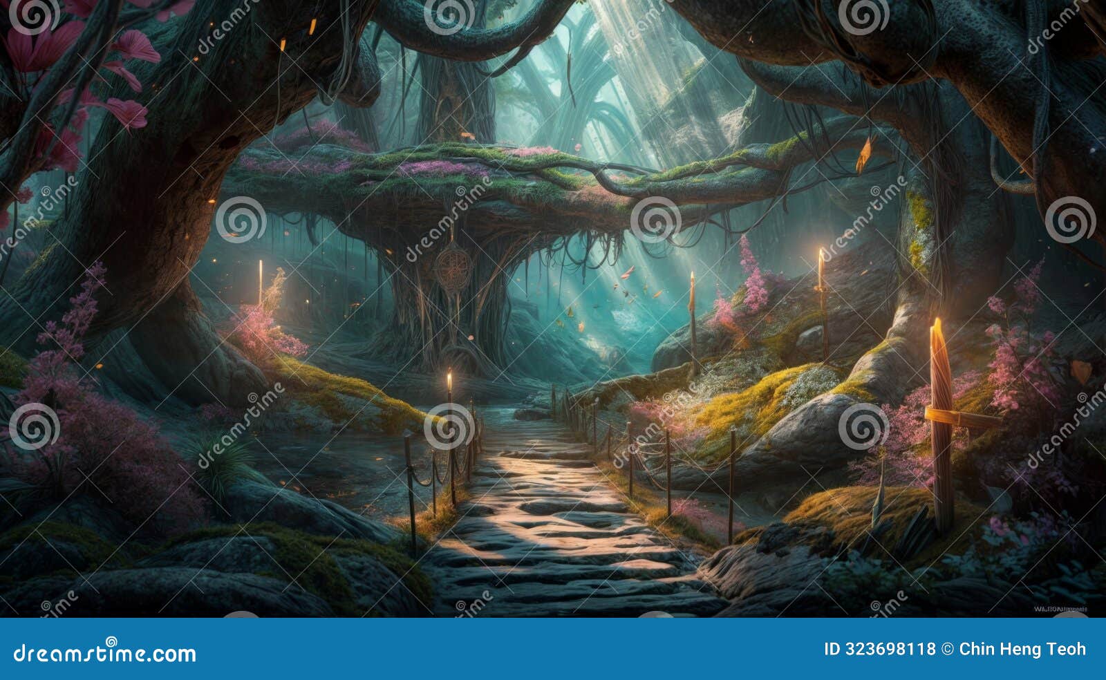 Enchanted Forest Pathway with Glowing Candles and Mystical Atmosphere ...