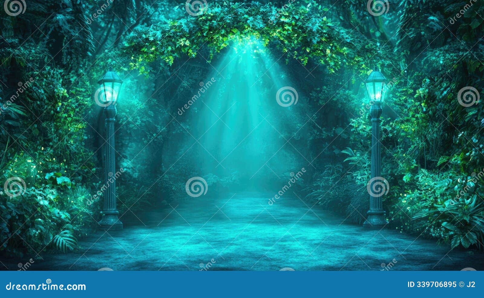 Enchanted Forest Pathway with Illuminated Lamp Posts and Lush Greenery ...