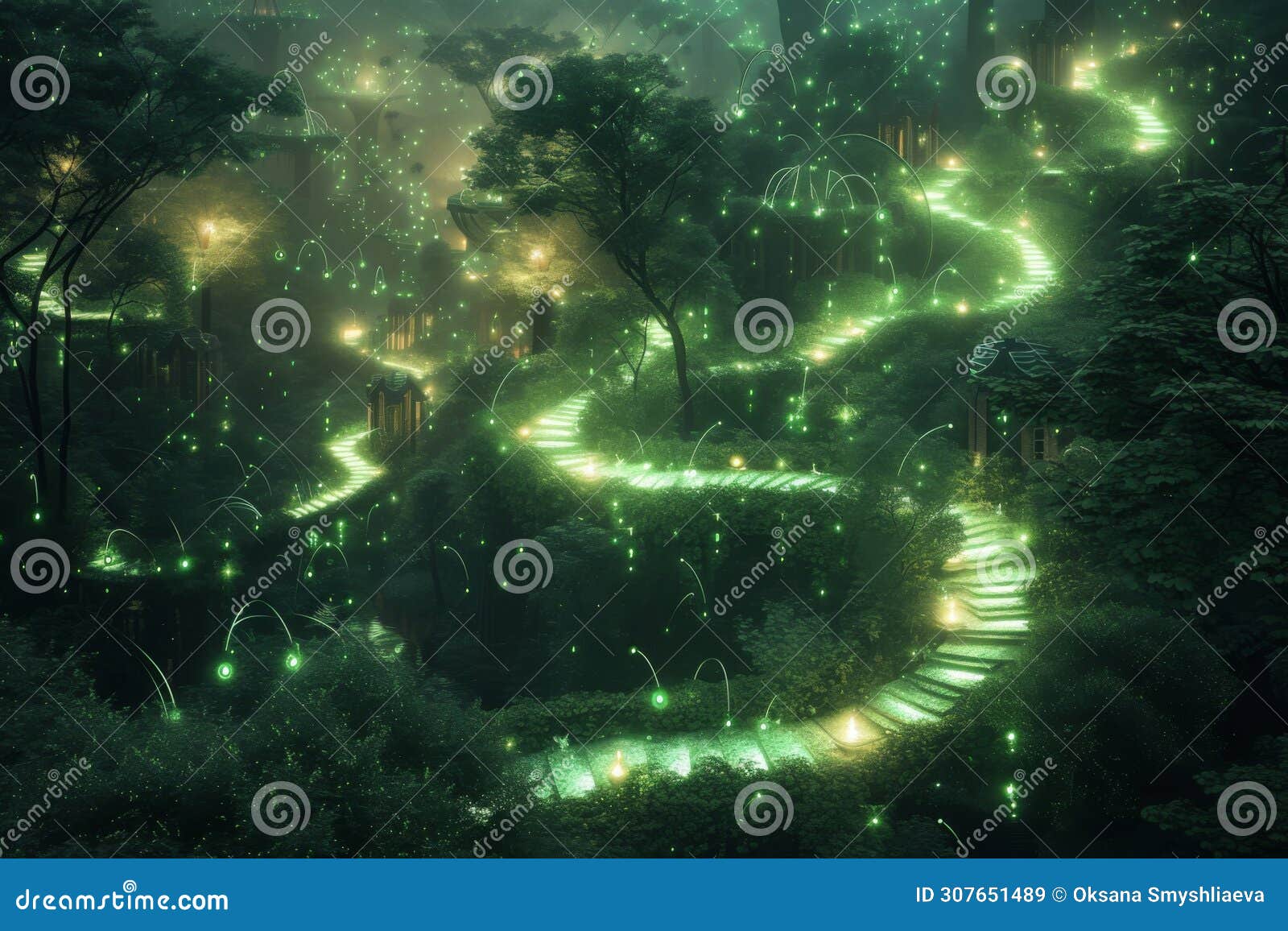 Enchanted Forest Pathway Illuminated by Magical Lights at Night Stock ...