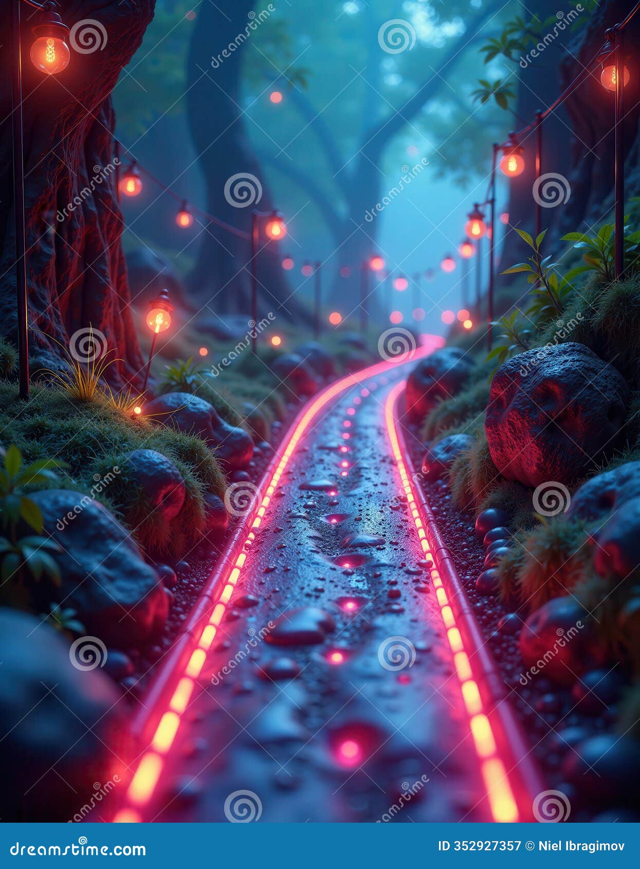 Enchanted Forest Pathway Illuminated by Neon Lights at Night Stock ...