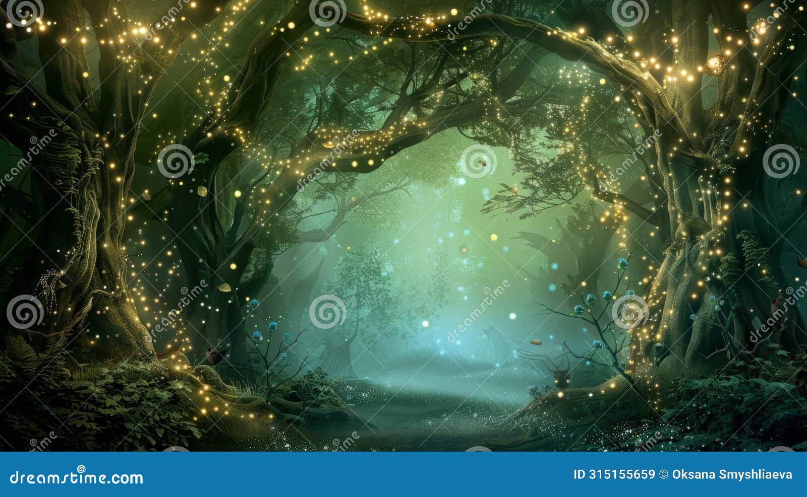 Enchanted Forest Pathway with Magical Glowing Lights at Twilight Stock ...