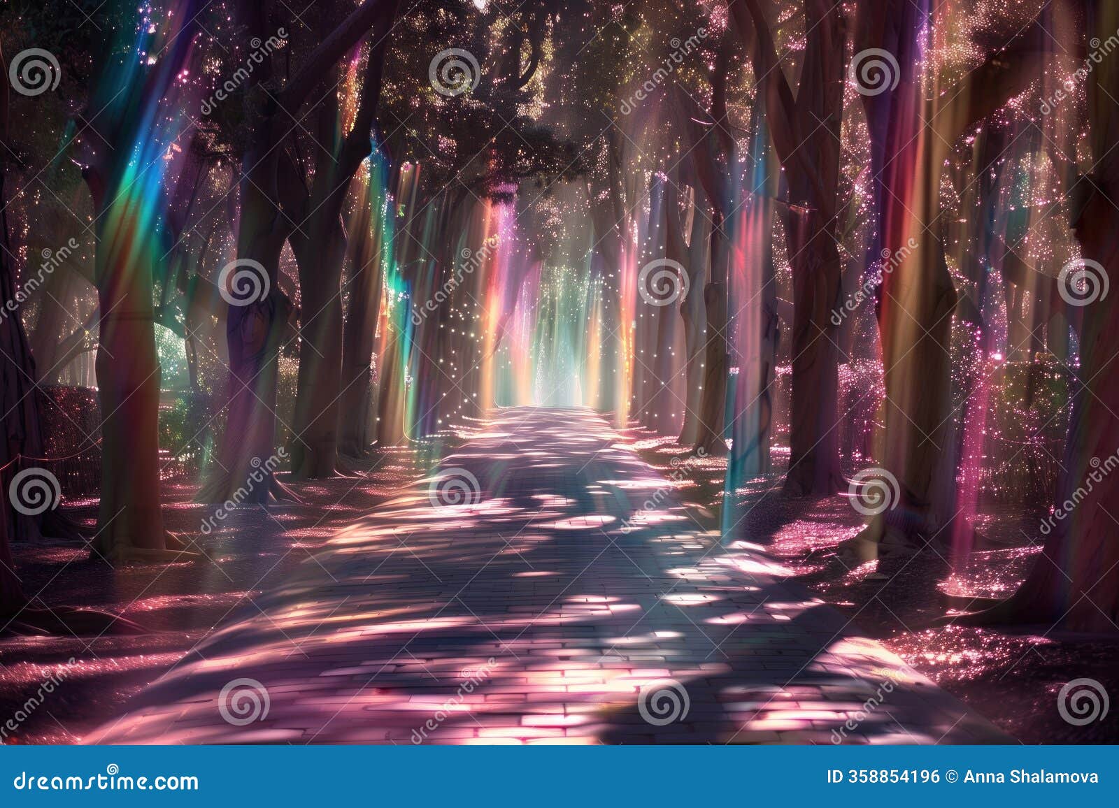 Enchanted Forest Pathway with Magical Rainbow Light Beams and Dappled ...