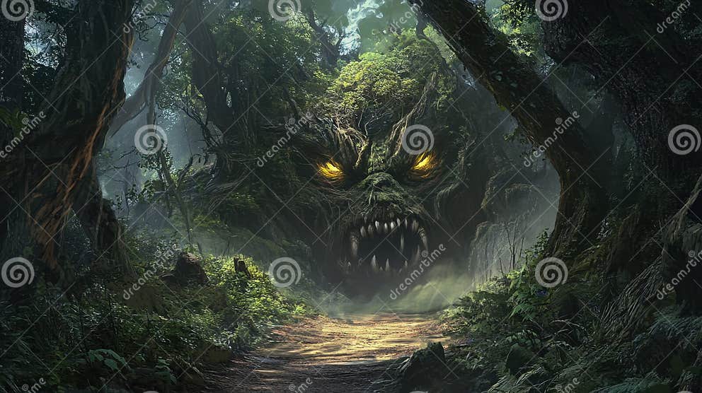 Enchanted Forest Pathway with Mystical Tree Monster Stock Photo - Image ...