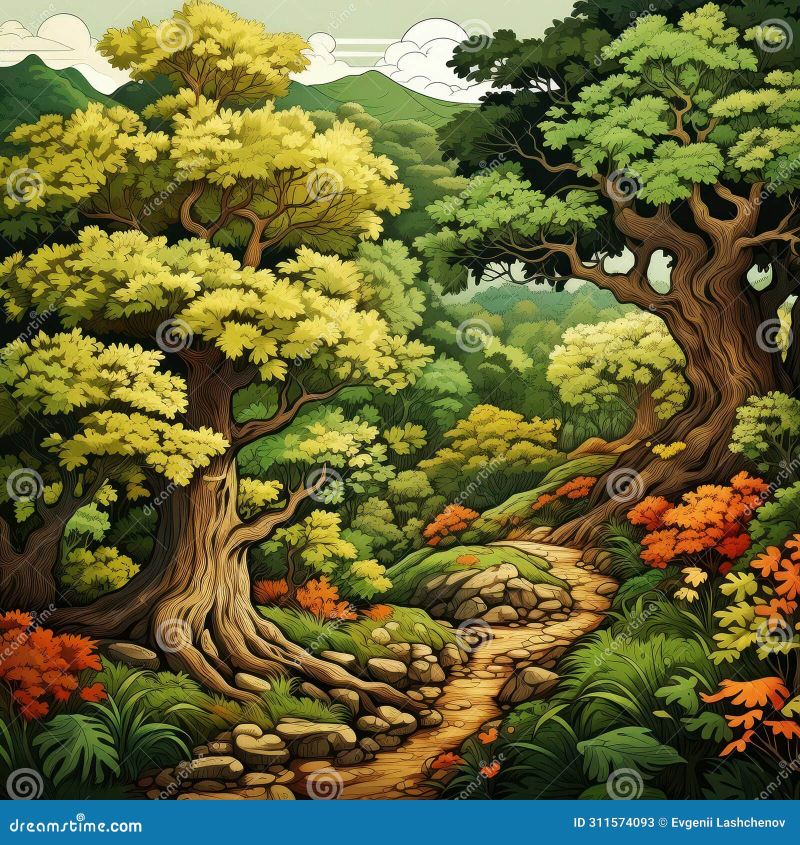 Illustration of a Winding Forest Path Surrounded by Majestic Old Oak ...