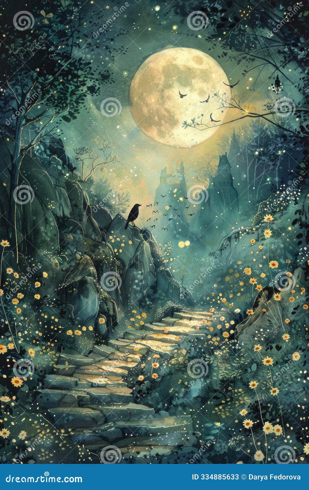 Enchanted Forest Pathway Under Moonlight with Castle and Crow Stock ...