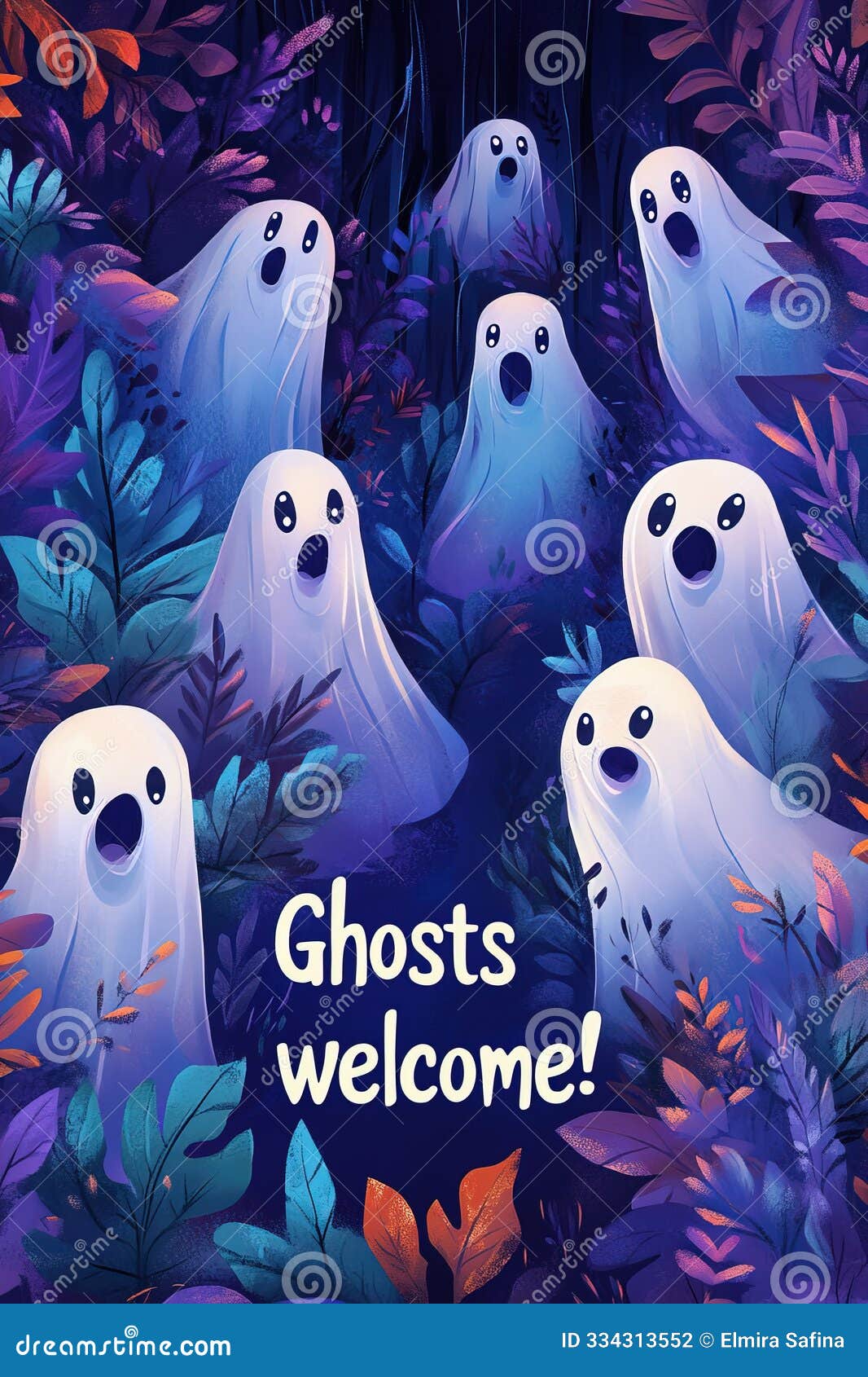 Enchanted Forest with Playful Ghosts and Text "Ghosts Welcome!" Stock ...