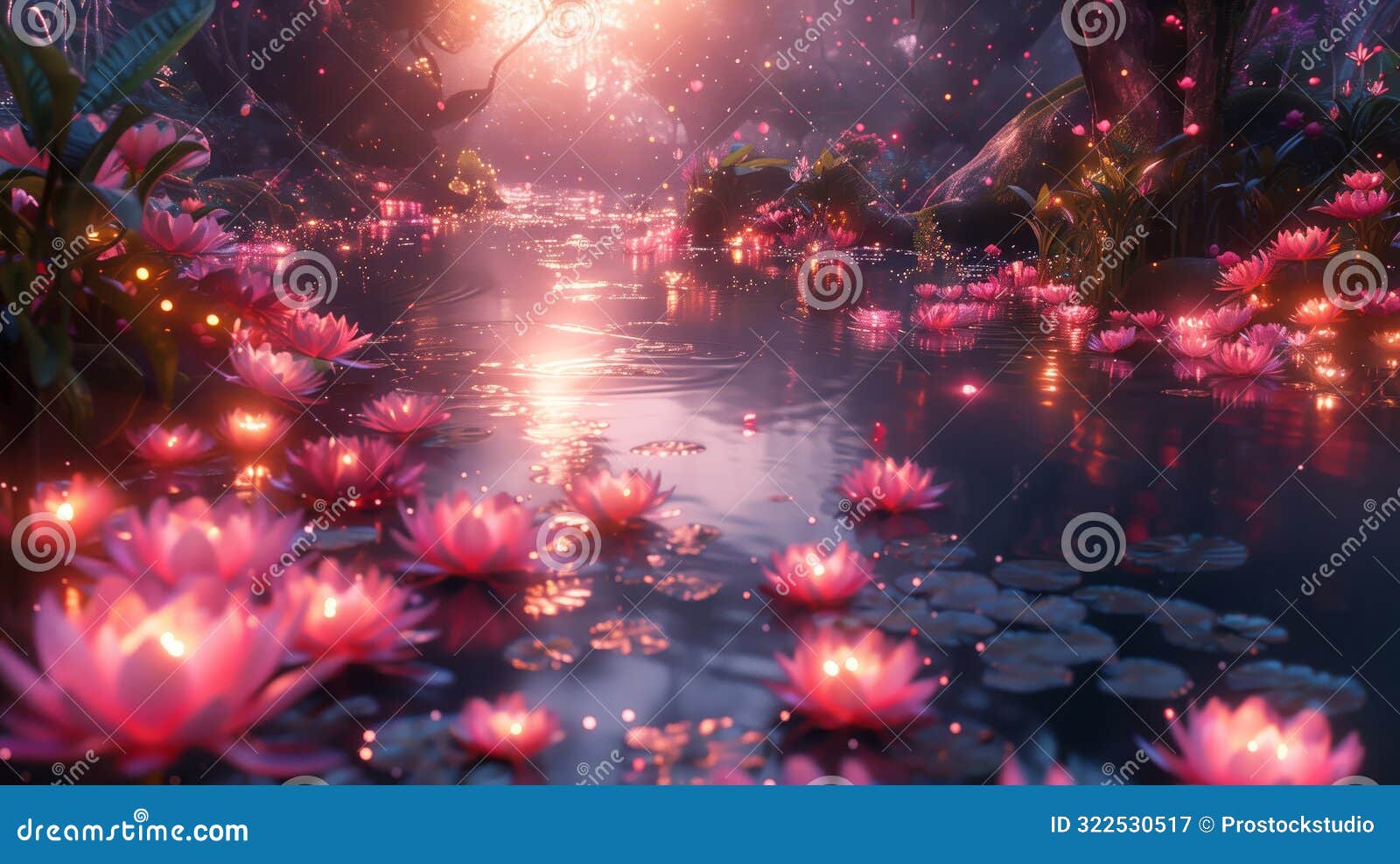 Enchanted Forest Pond with Glowing Flowers Stock Image - Image of pink ...