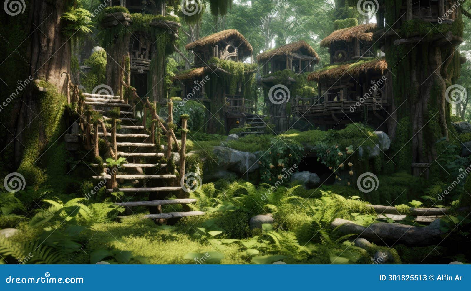 Enchanted Forest Retreat, a Forest with a Treehouse Stock Illustration ...