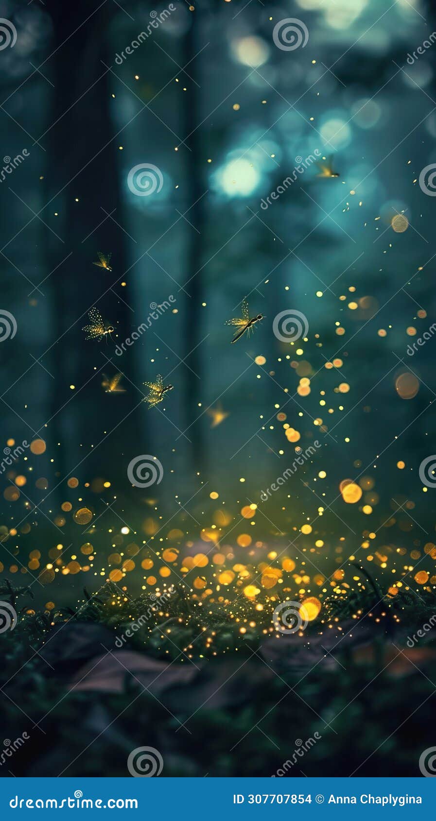 Enchanted Forest Scene with Fireflies at Night Stock Photo - Image of ...