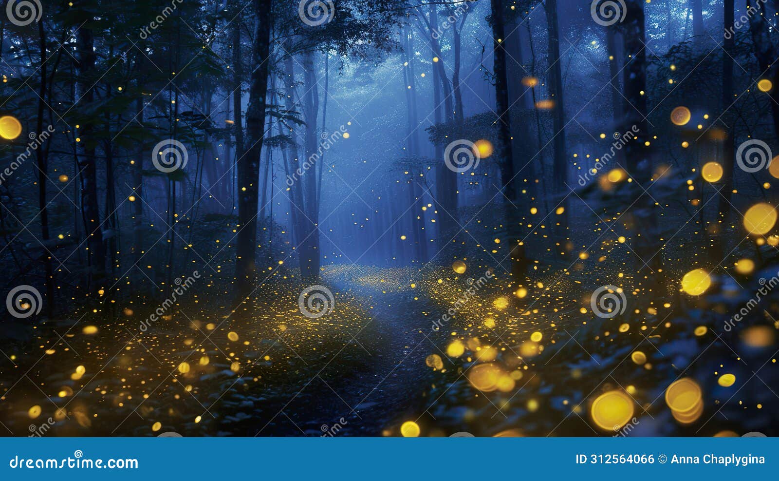 Enchanted Forest Scene with Fireflies at Night Stock Photo - Image of ...