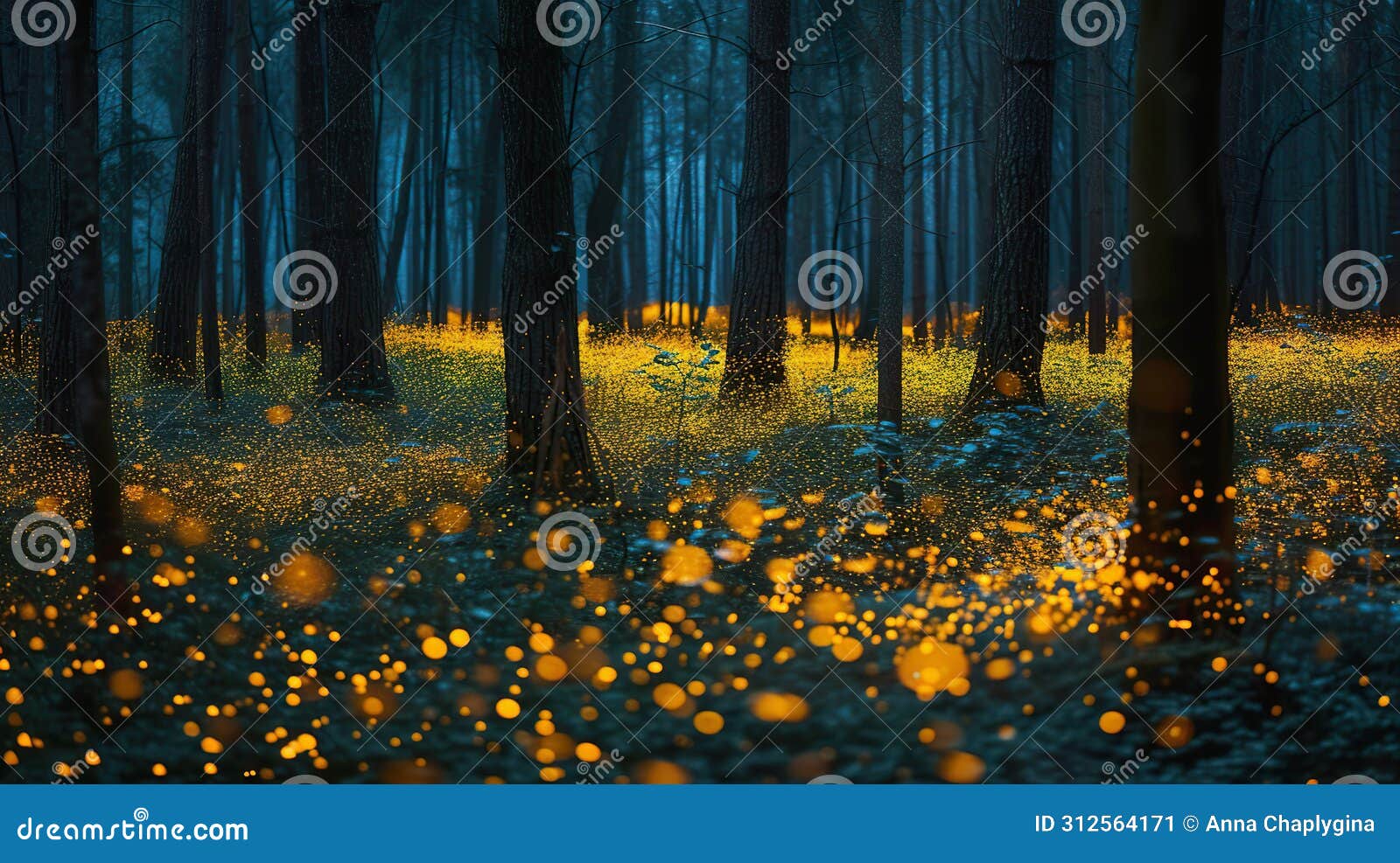 Enchanted Forest Scene with Fireflies at Night Stock Image - Image of ...