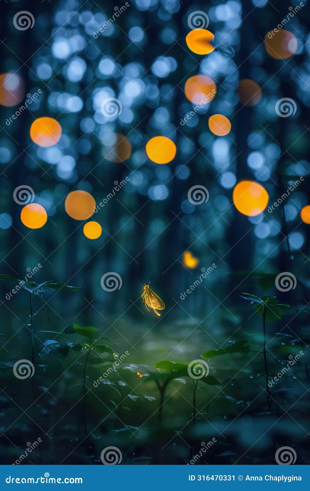 Enchanted Forest Scene with Fireflies at Night Stock Image - Image of ...