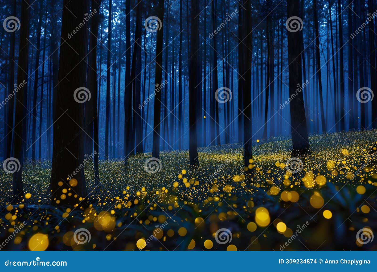 Enchanted Forest Scene with Fireflies at Night Stock Photo - Image of ...