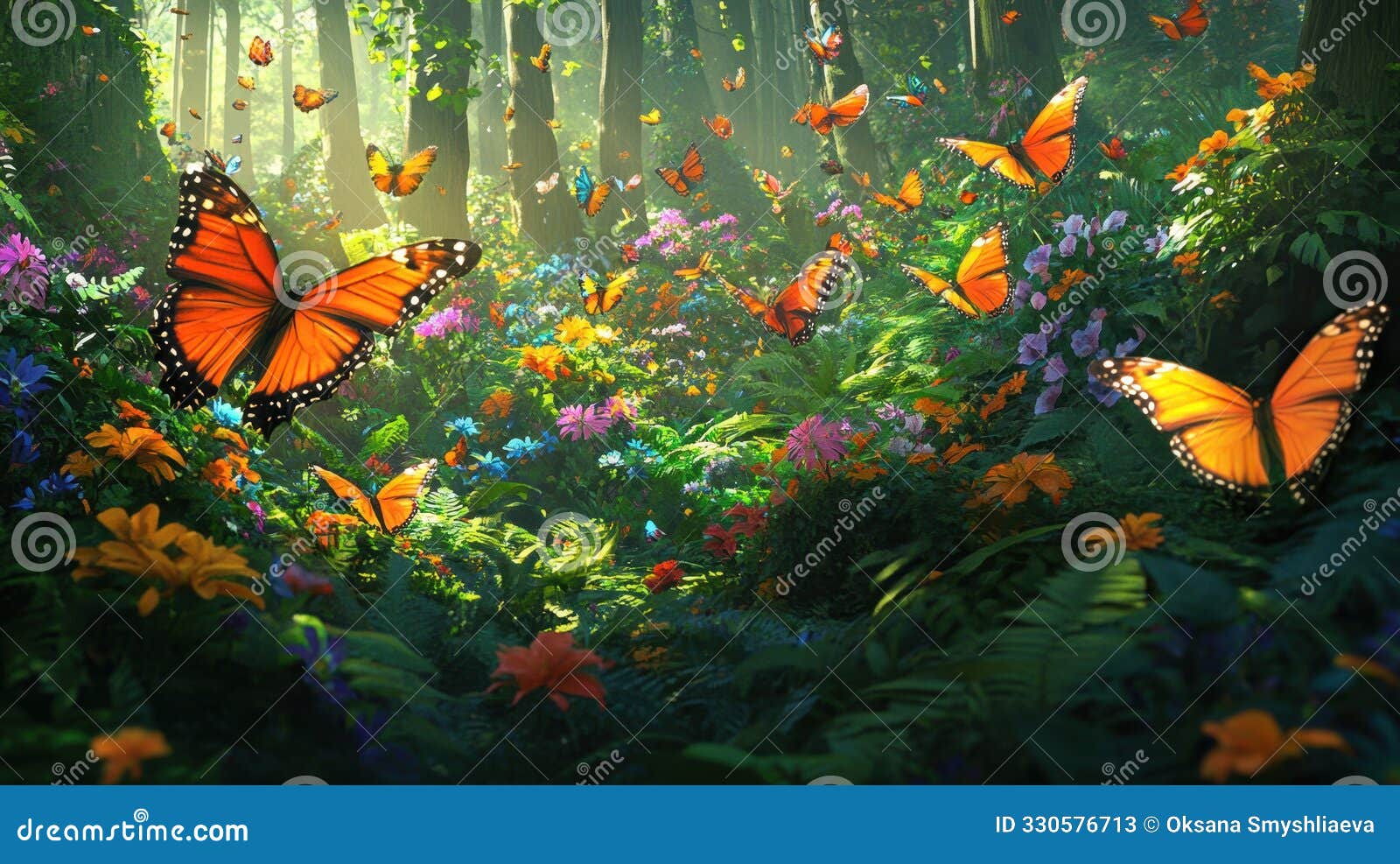 Enchanted Forest Scene with Fluttering Monarch Butterflies Stock Image ...