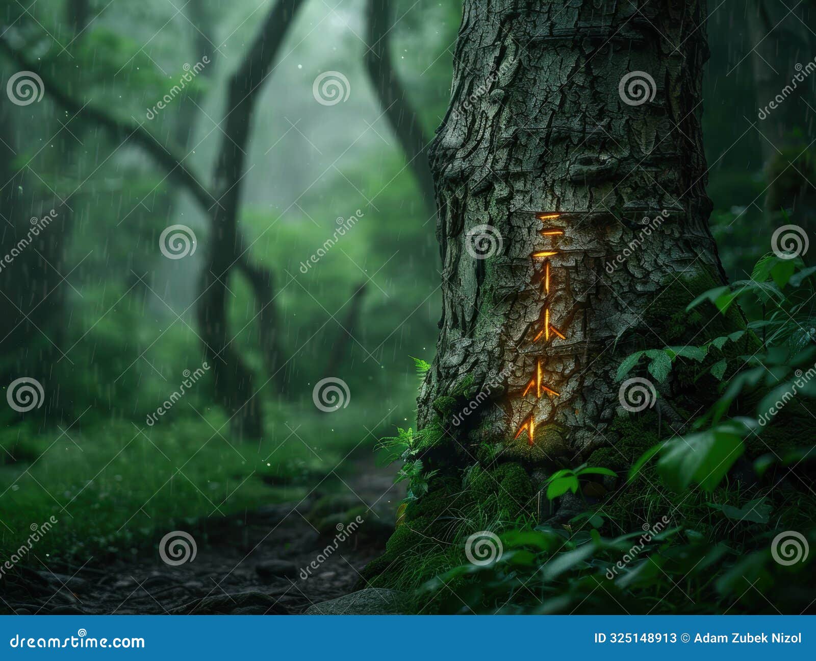 Enchanted Forest Scene with Glowing Tree Stock Illustration ...