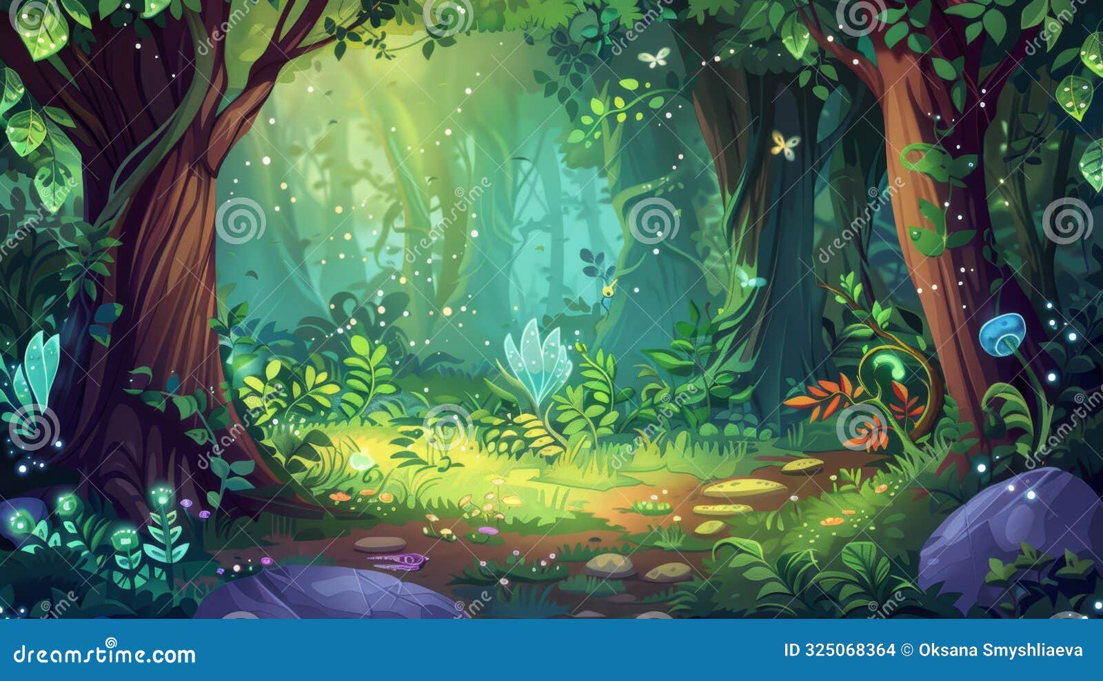 Enchanted Forest Scene with Magical Glowing Lights and Lush Foliage ...