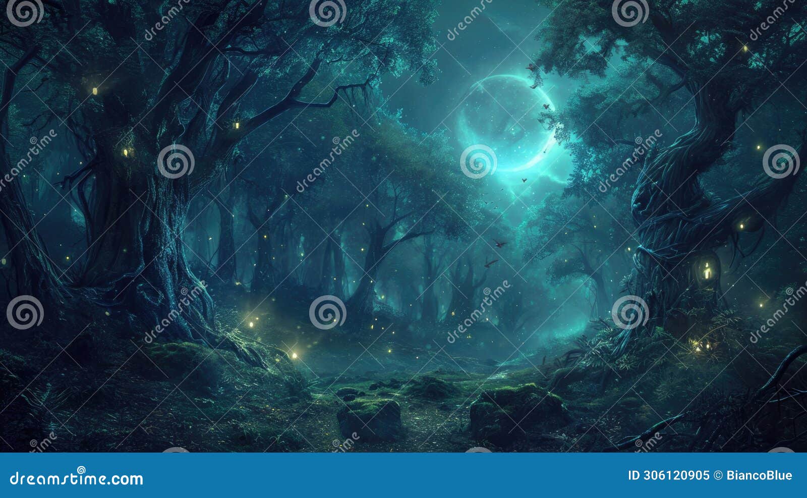 Enchanted Forest Scene with Mystical Moonlight. Resplendent. Stock ...