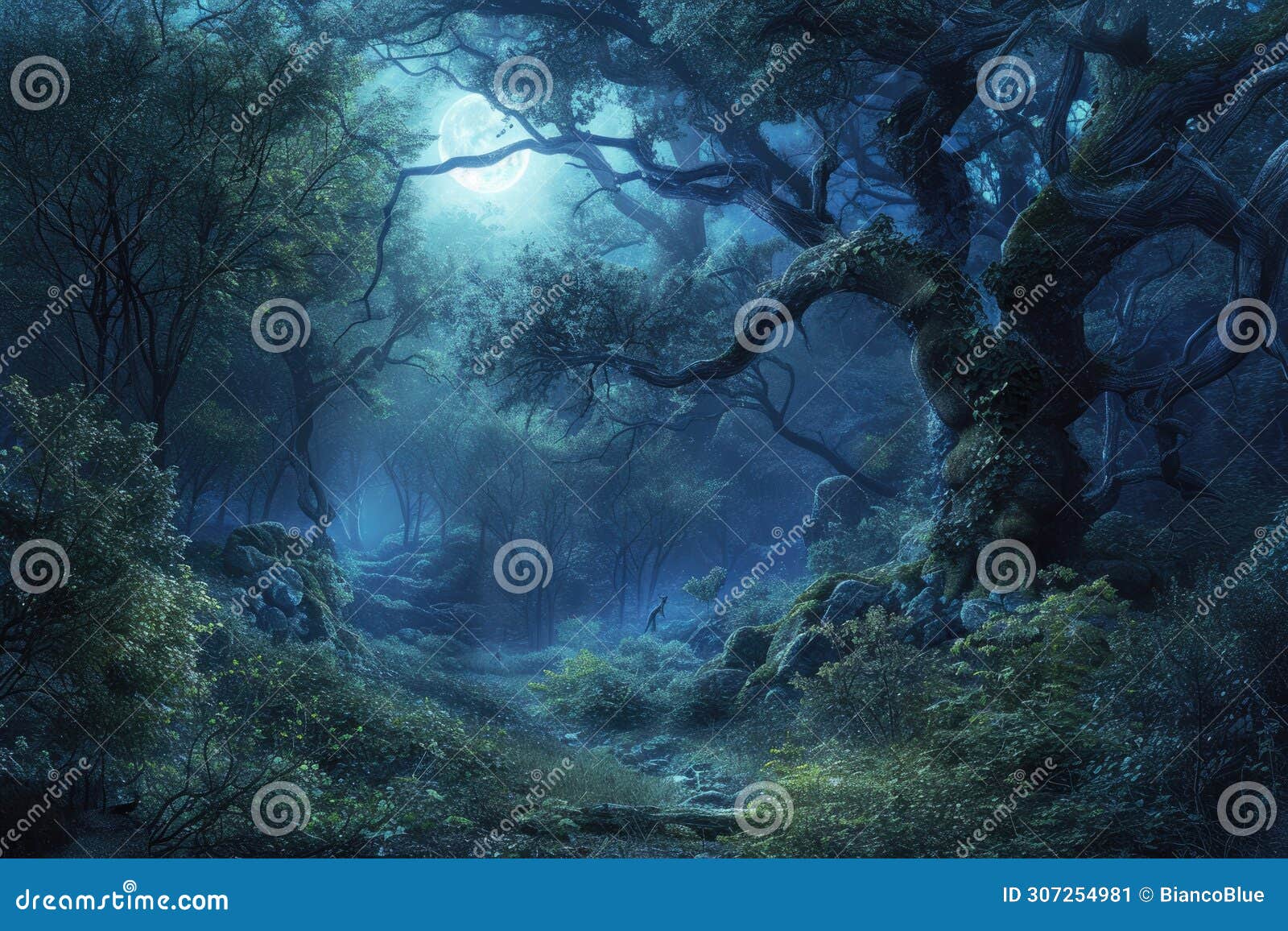 Enchanted Forest Scene with Mystical Moonlight. Resplendent. Stock ...