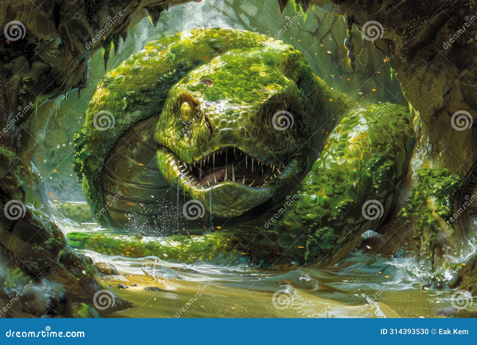 Enchanted Forest Scene with Mystical Moss Covered Creature by Waterfall ...