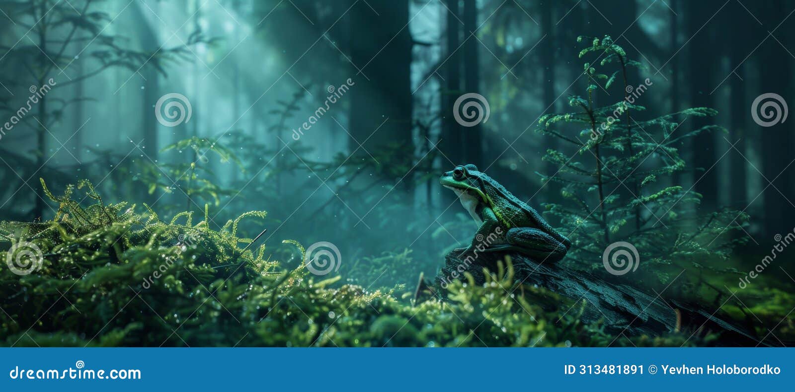 Enchanted Forest Scene with Realistic Frog Under Atmospheric Rembrandt ...