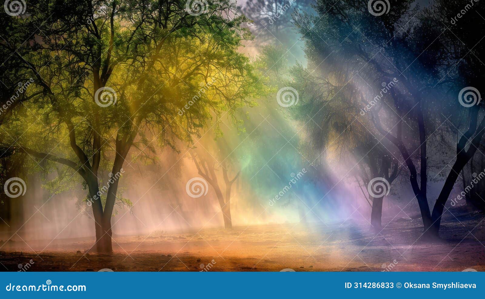 Enchanted Forest Scene with Sunbeams and Mist. Stock Image - Image of ...