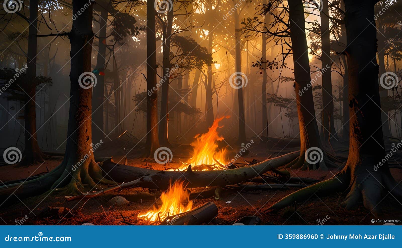 An Enchanted Forest Scene with Trees Ablaze in Golden Magical Fire ...