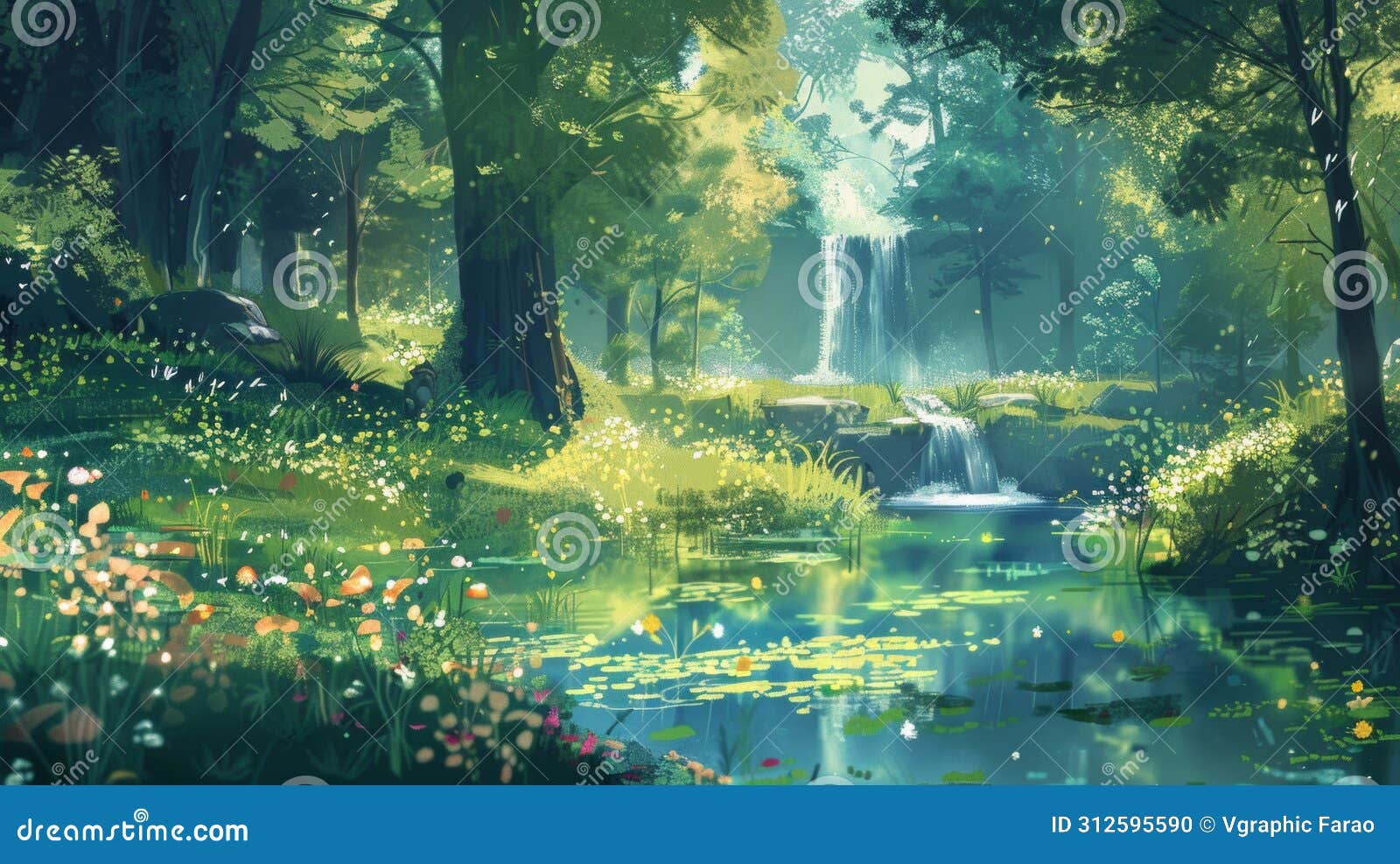 Enchanted Forest Scene with Waterfall and Pond Stock Photo - Image of ...