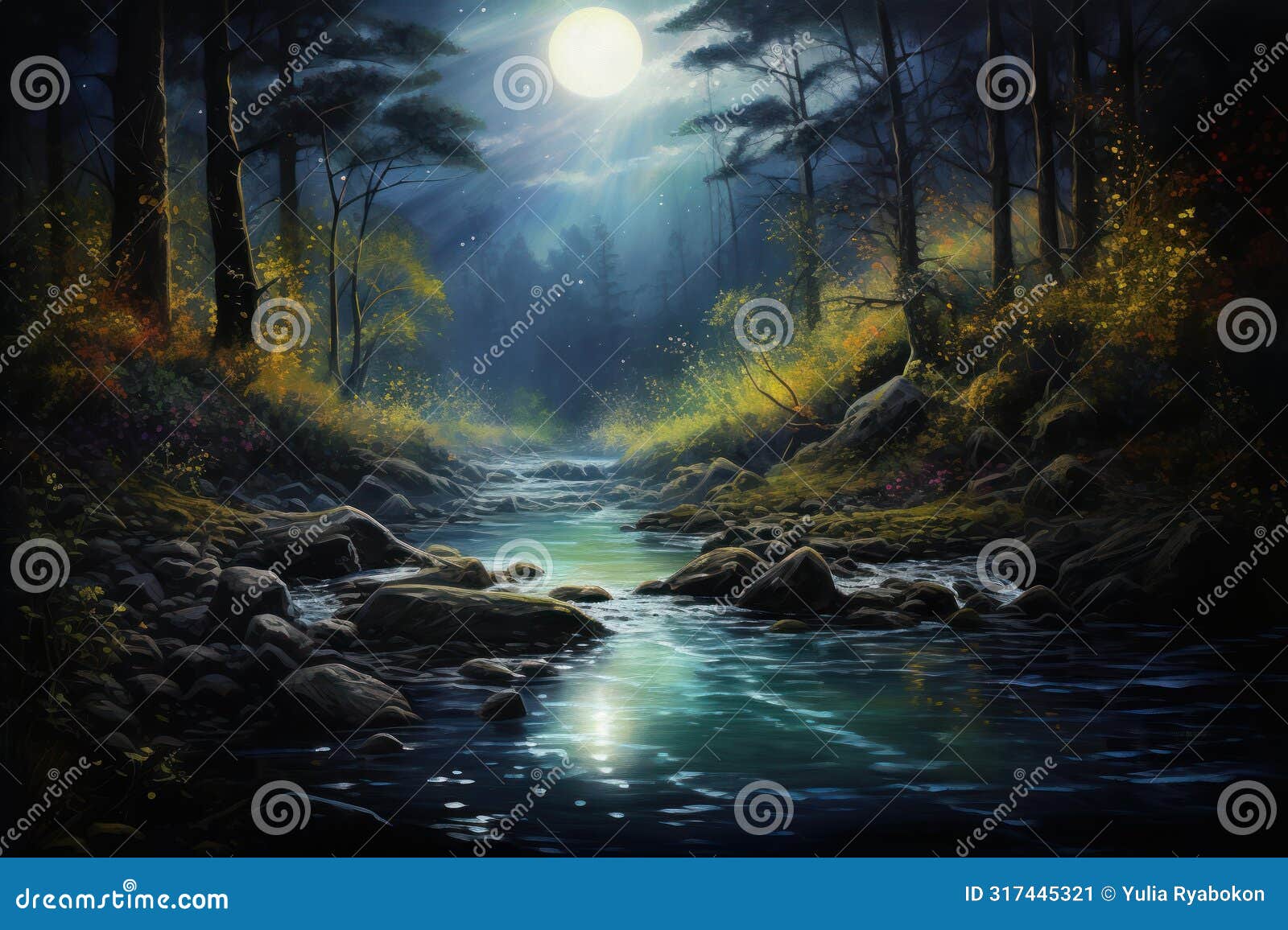 Enchanted Forest Stream Under Moonlight Stock Illustration ...