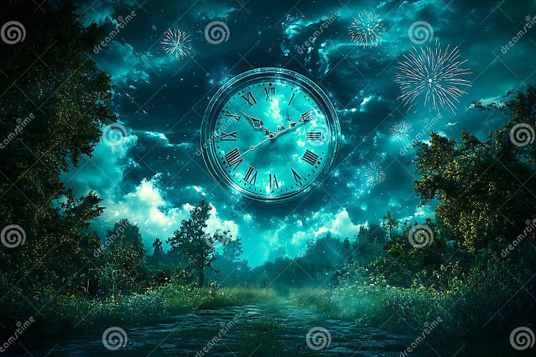 Enchanted Forest Timepiece Under Fireworks Stock Illustration ...
