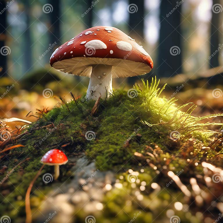 Enchanted Forest with Toadstools. Green Moss Forest Floor with ...