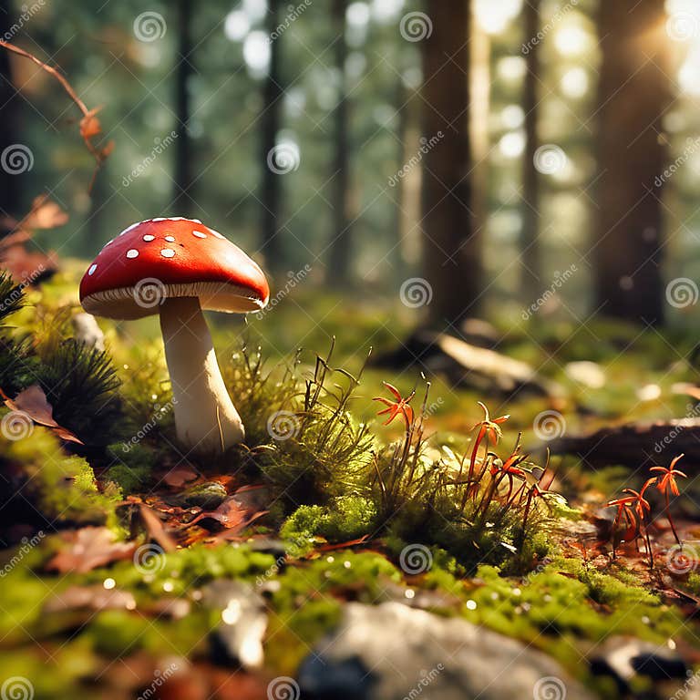 Enchanted Forest with Toadstools. Green Moss Forest Floor with ...