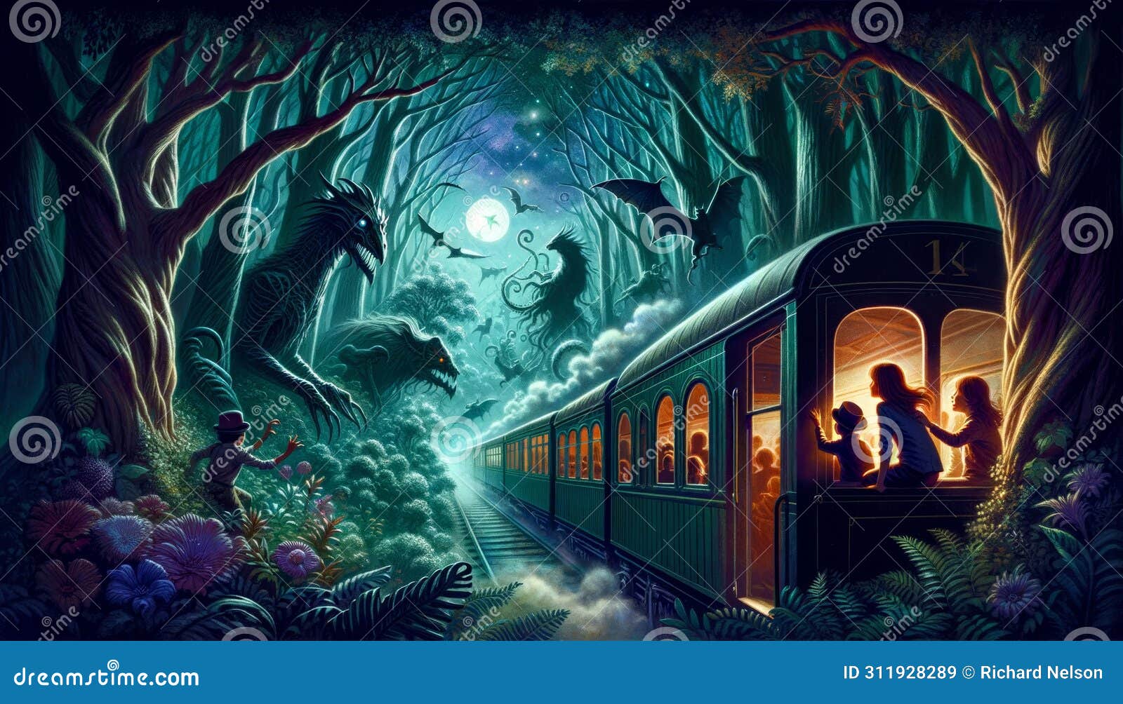 Enchanted Forest Train Ride at Night Stock Illustration - Illustration ...