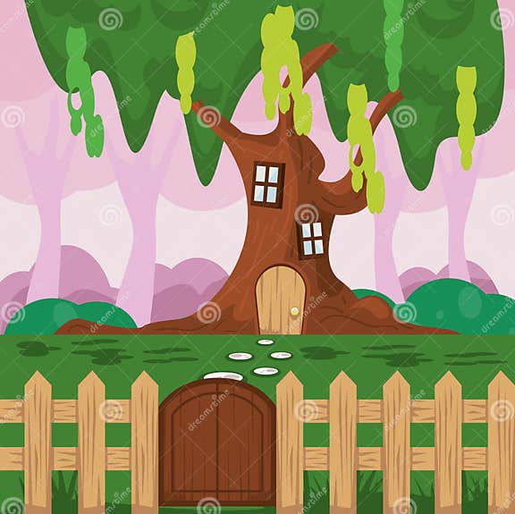 Enchanted forest with tree stock vector. Illustration of fence - 251197152