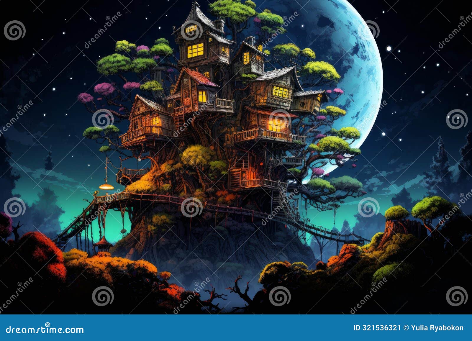Enchanted Forest Treehouse Under Moonlight Stock Illustration ...