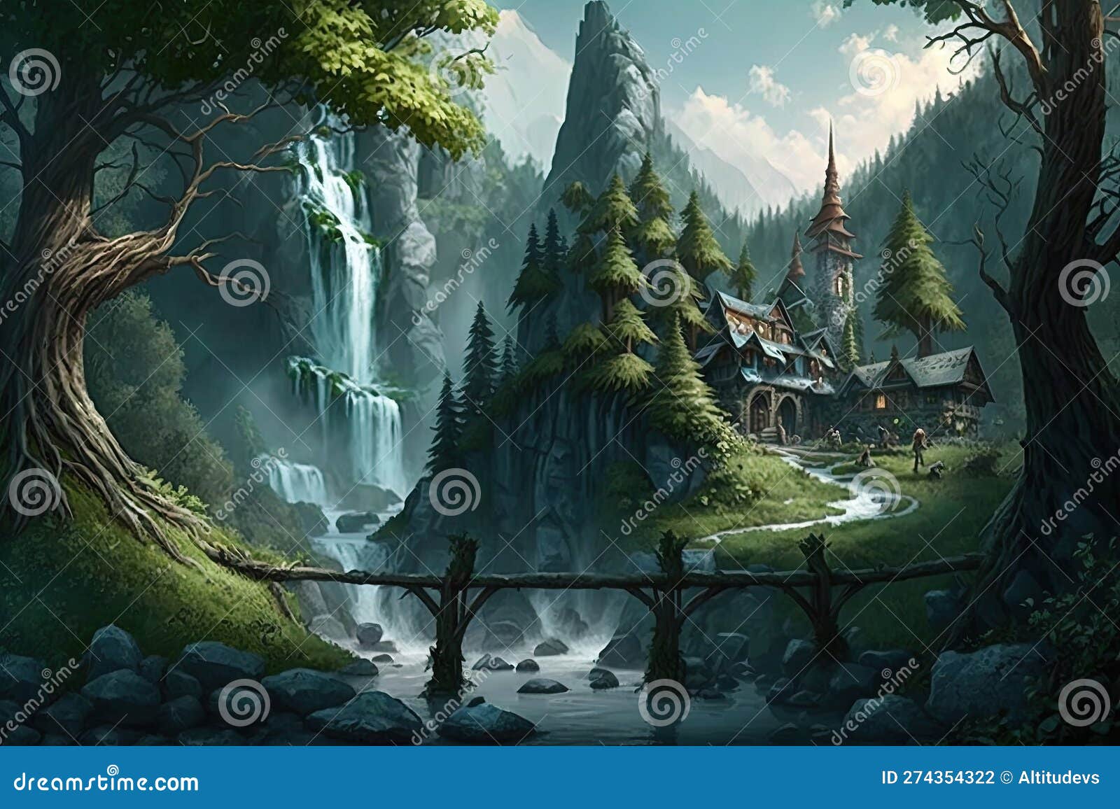 Enchanted Forest with Waterfall, Elfish Village in the Distance Stock ...