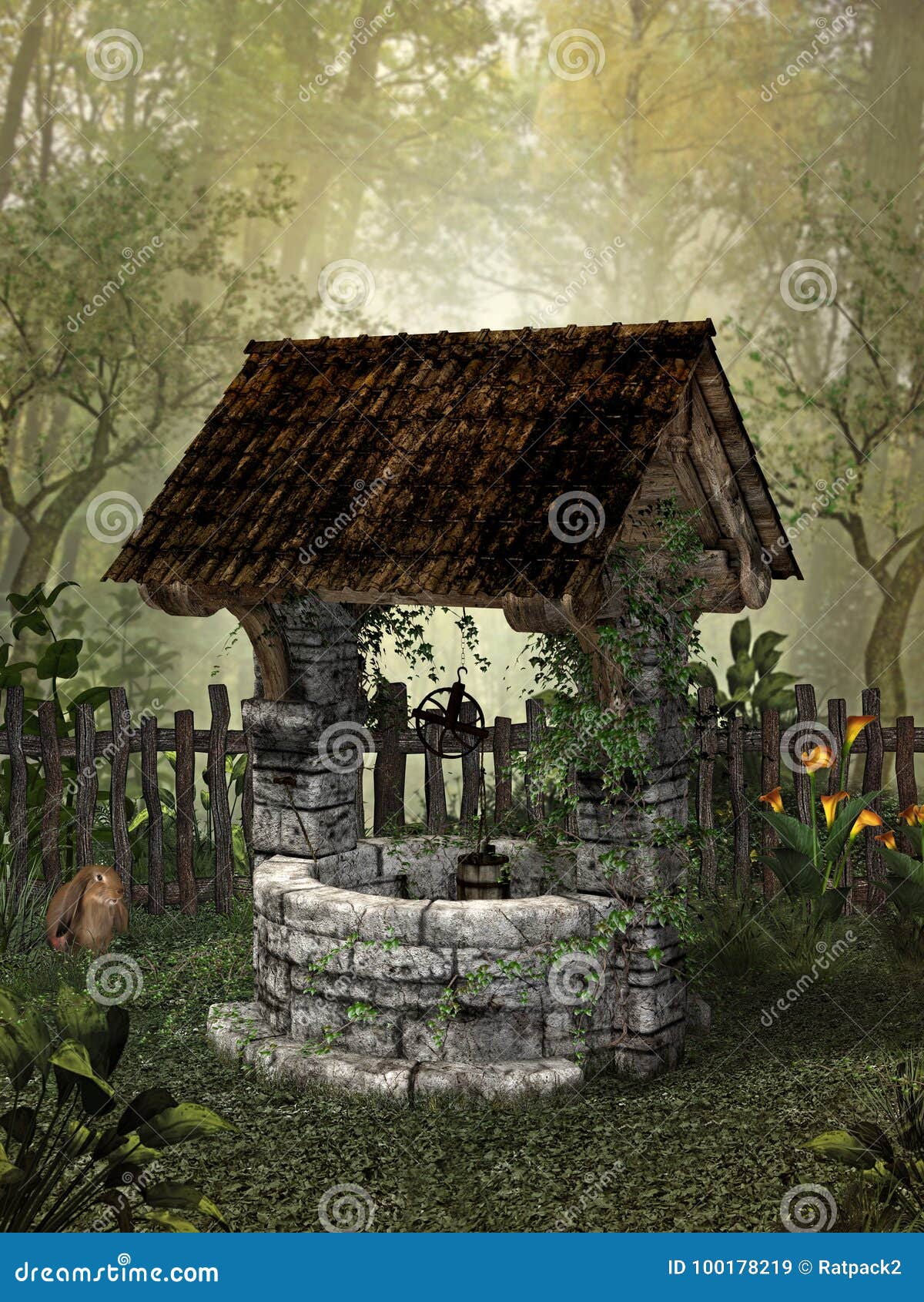 Enchanted Forest Well stock illustration. Illustration of meadow ...
