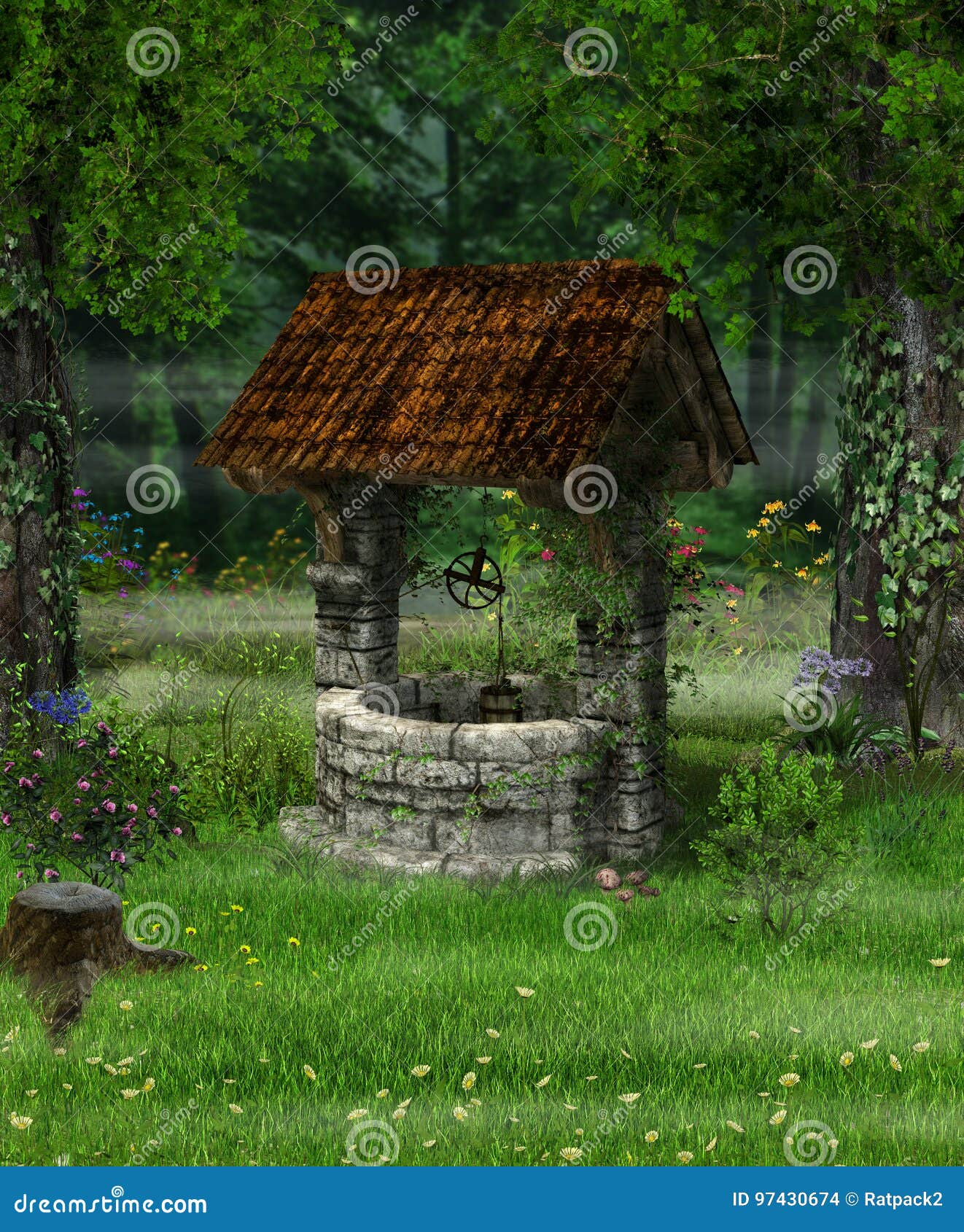 Enchanted Forest Well stock photo. Image of countryside - 97430674