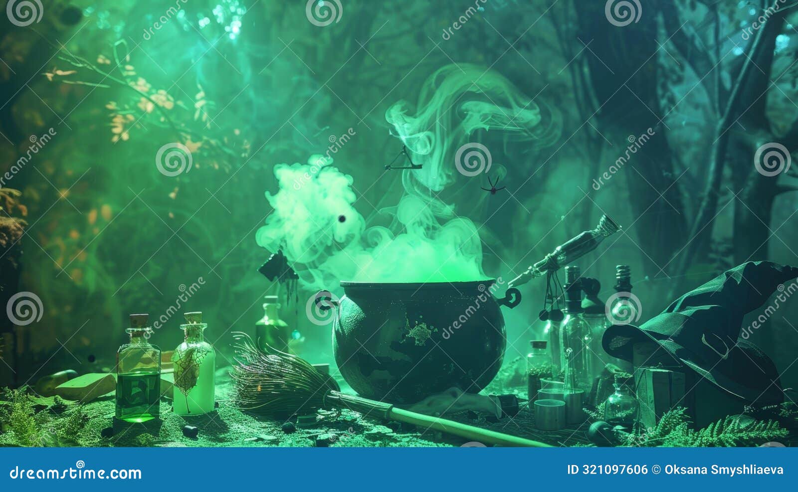Enchanted Forest Witchcraft Scene with Mystic Cauldron and Magical ...